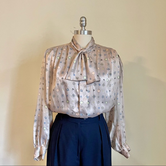 Koret | Tops | Vintage Tie Collar Printed Button Up Blouse | Poshmark